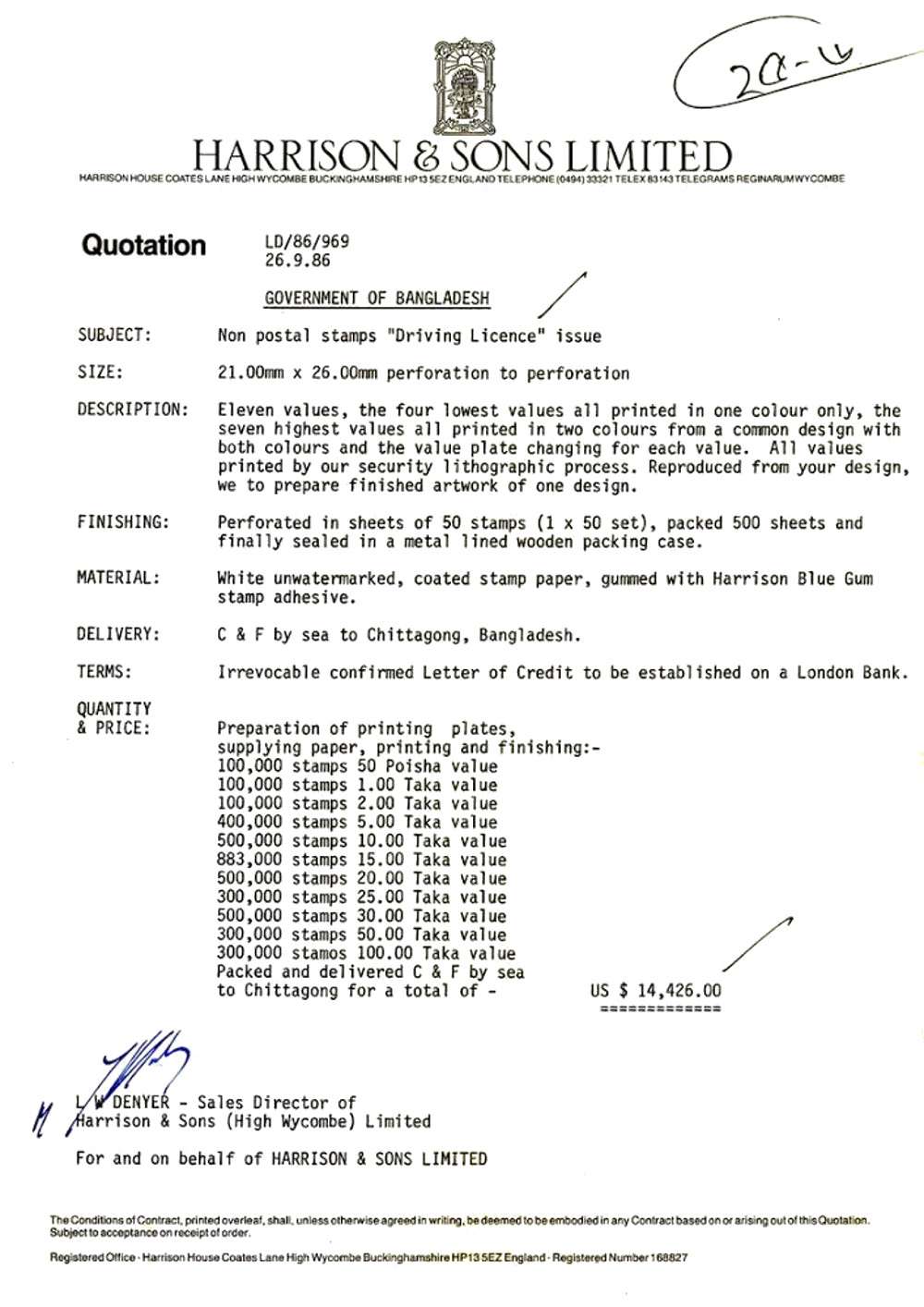 Harrison & Sons, Ltd. Quotations for Printing Stamps - ECHO'S PHILA HOUSE