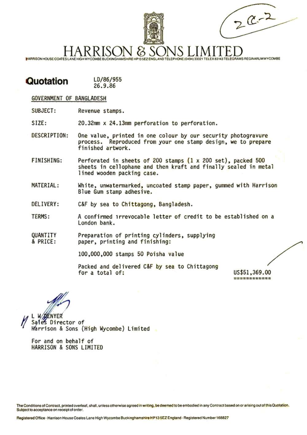 Harrison & Sons, Ltd. Quotations for Printing Stamps - ECHO'S PHILA HOUSE