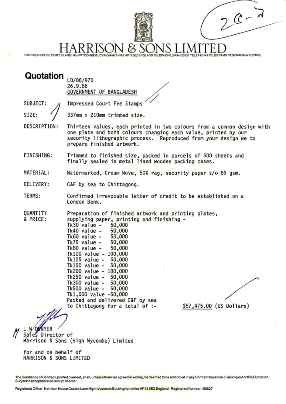 Harrison & Sons, Ltd. Quotations for Printing Stamps - ECHO'S PHILA HOUSE